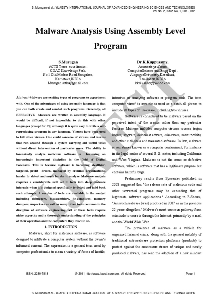1 Ijaest Volume No 2 Issue No 1 Malware Analysis Using Assembly Level Program 000 012 Pdf