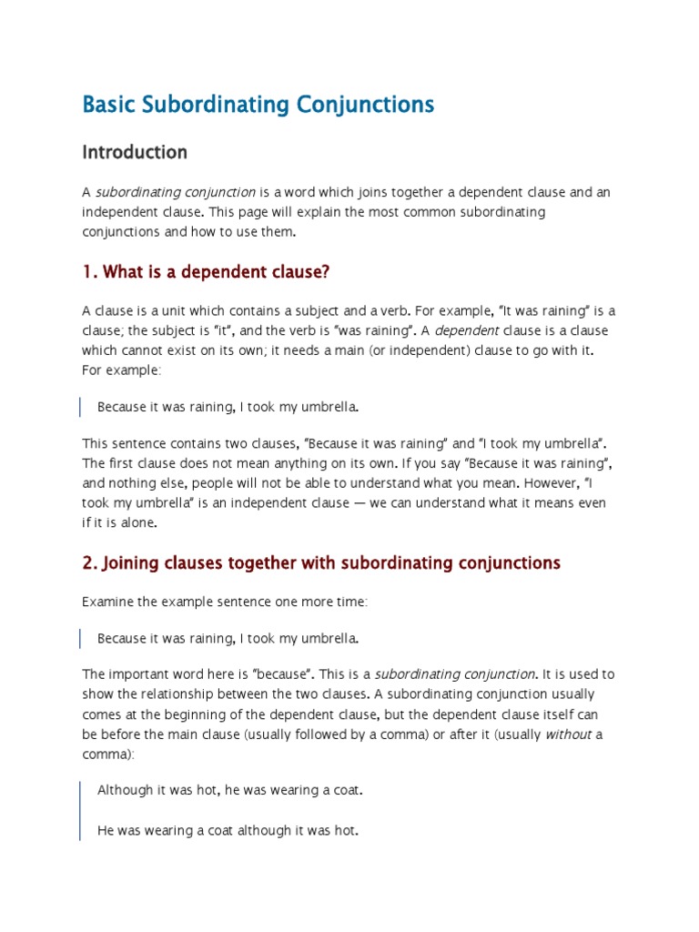 Basic Subordinating Conjunctions | PDF | Clause | Sentence (Linguistics)