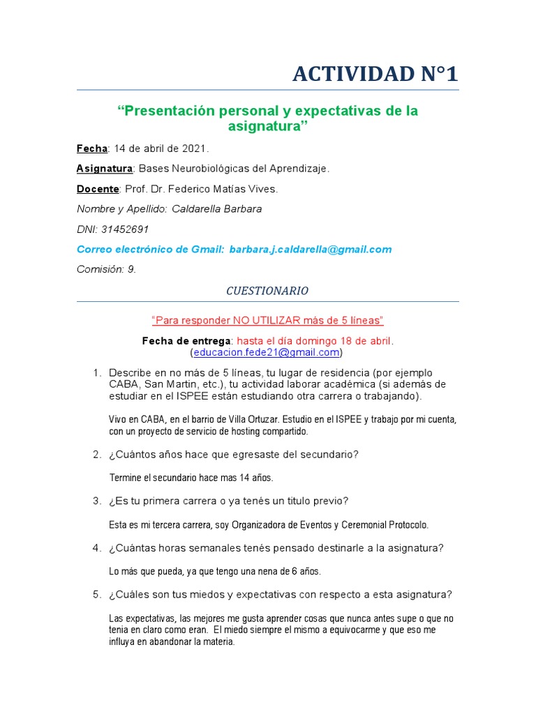 Presentación y Expectativas en Asignatura | PDF