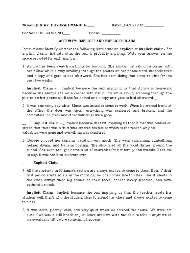 Activity - Implicit and Explicit Claim | PDF | Language Arts & Discipline