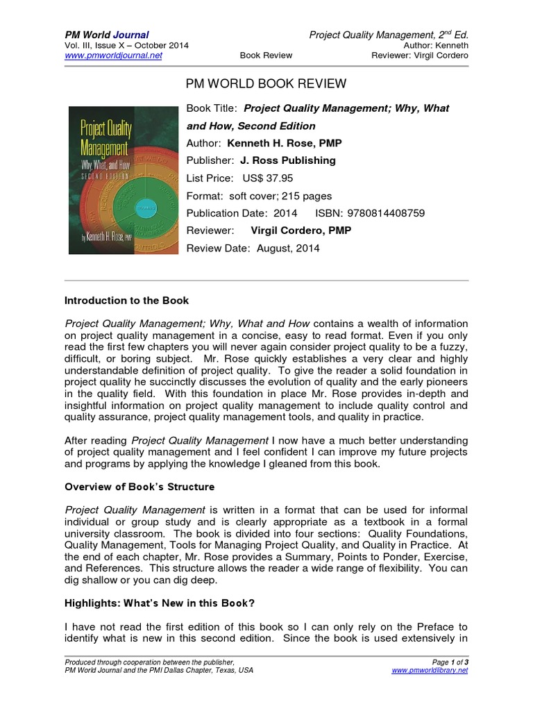 pmwj27 Oct2014 Cordero Project Quality Management Book Review | PDF ...