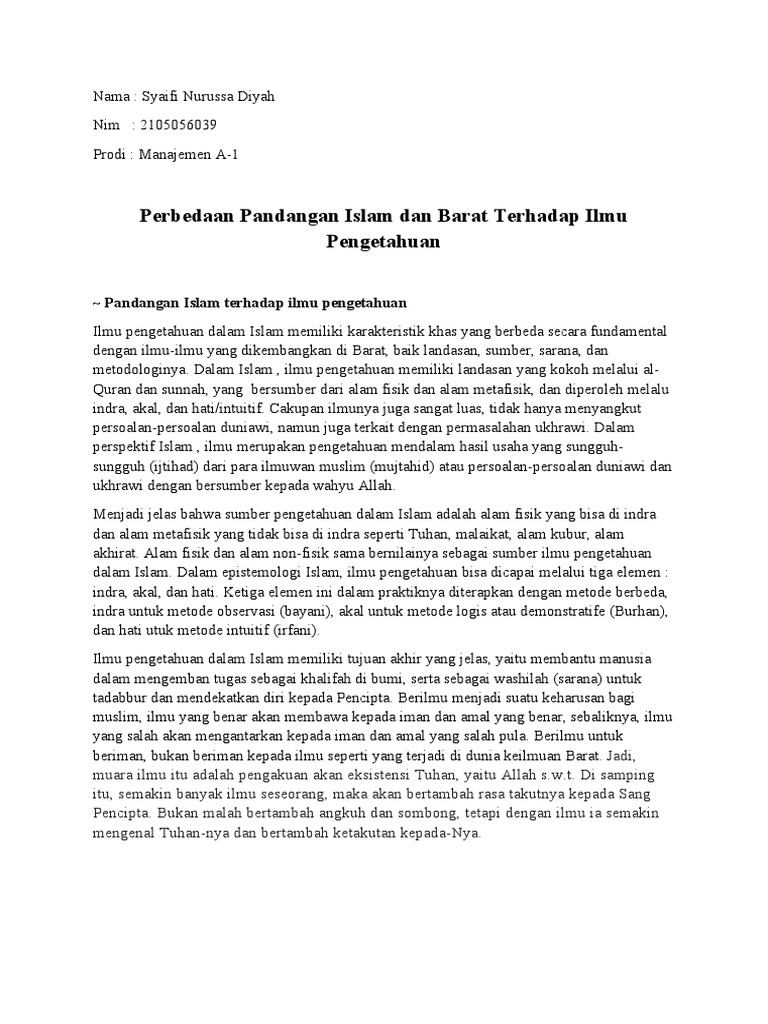 Perbedaan Pandangan Islam Dan Barat Terhadap Ilmu Pengetahuan | PDF