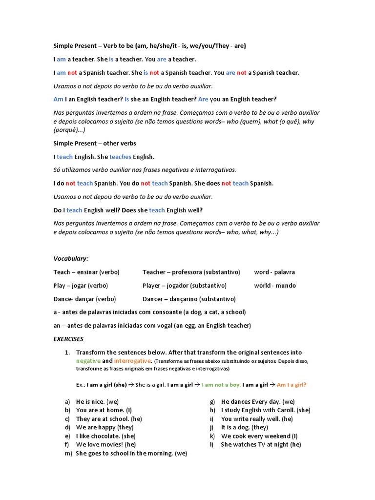 Simple Present - Explicações e Exercício | PDF | English Language ...