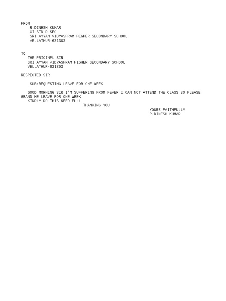 One Week Leave Application for School | PDF