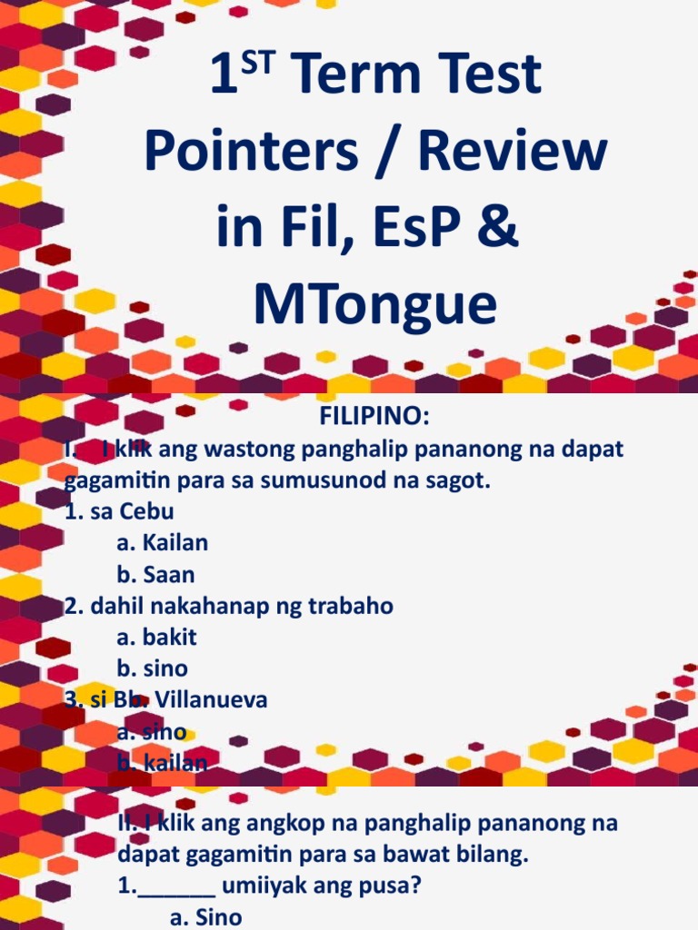 1ST TERM POINTERS - REVIEW in FIL ESP MT | PDF