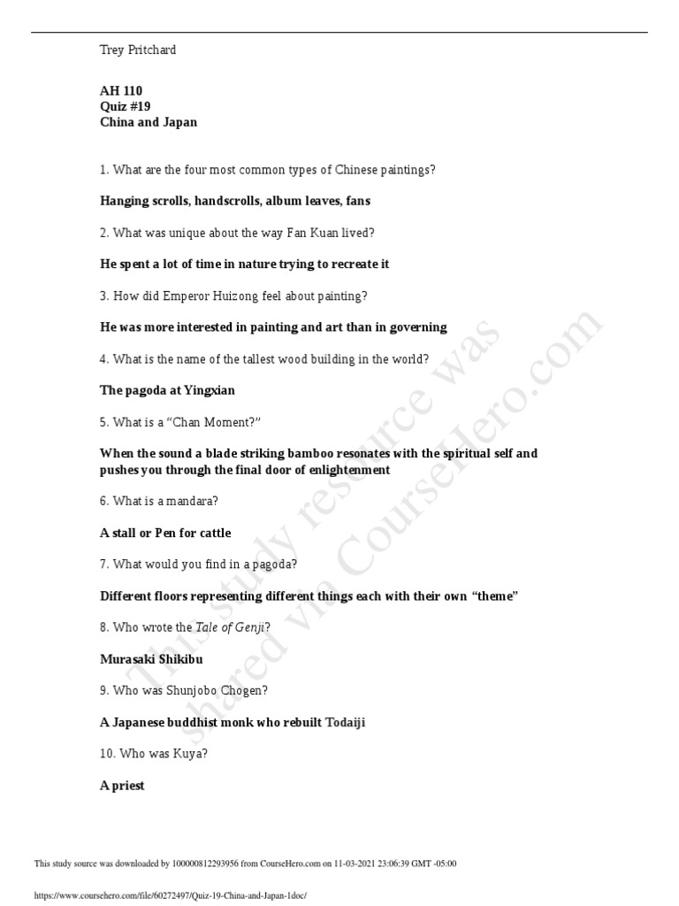 China and Japan Art Quiz | PDF | Japanese Literature | Japan