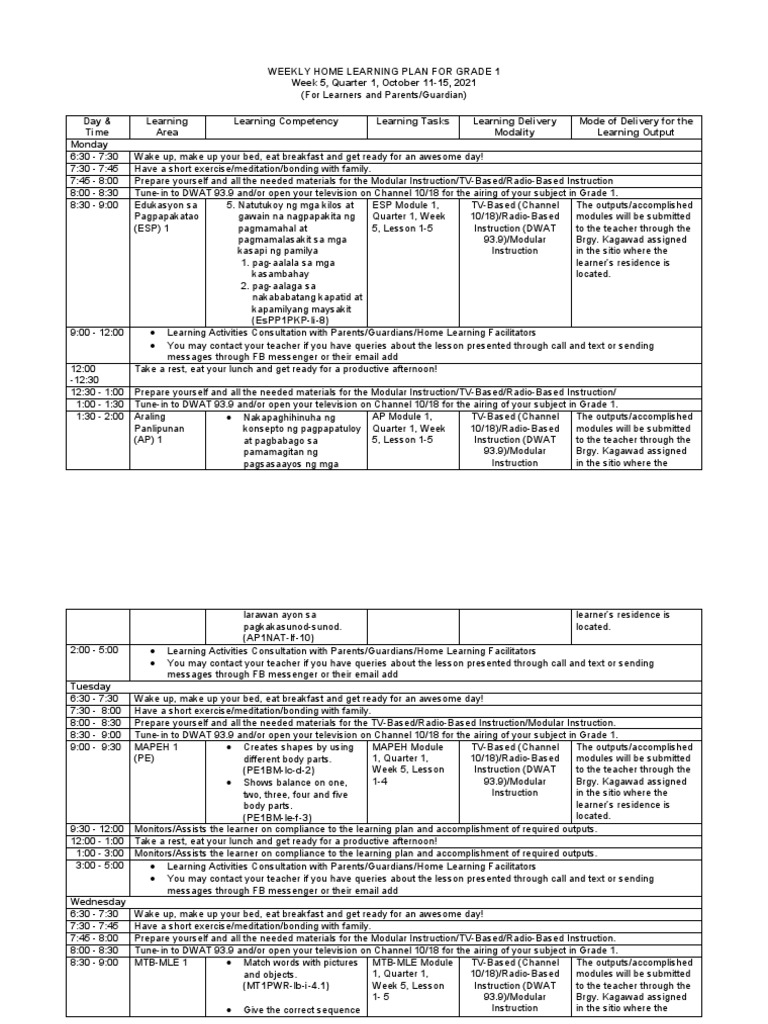 Weekly Home Learning Plan For Grade 1 Week 5, Quarter 1, October 11-15 ...