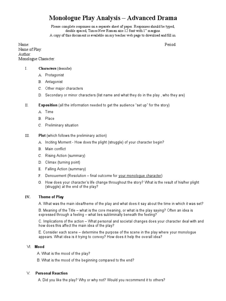 Monologue Play Analysis - Advanced Drama: Name: Period: Name of Play ...