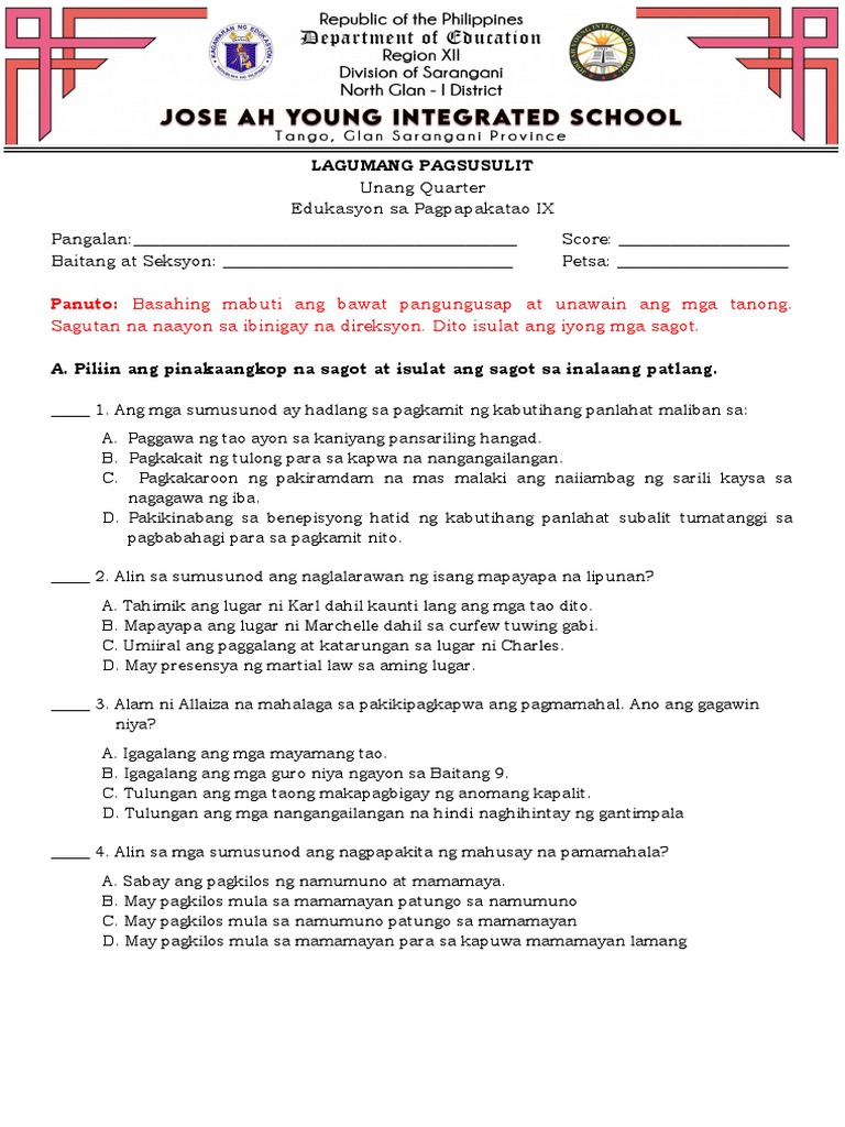 1st Quarter Summative Exam Grade 9 ESP | PDF