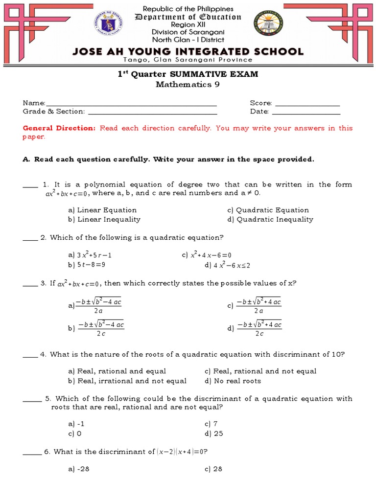 1st Quarter Summative Exam Grade 9 Mathematics | PDF | Quadratic ...