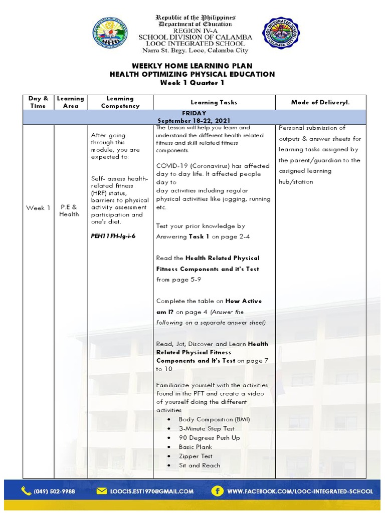 Weekly Home Learning Plan Health Optimizing Physical Education Week 1 ...