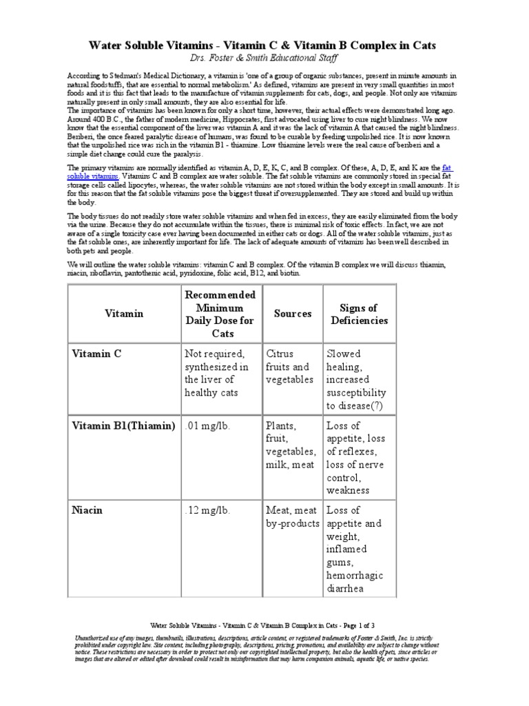 Water Soluble Vitamins Vitamin C Vitamin B Complex in Cats | PDF ...