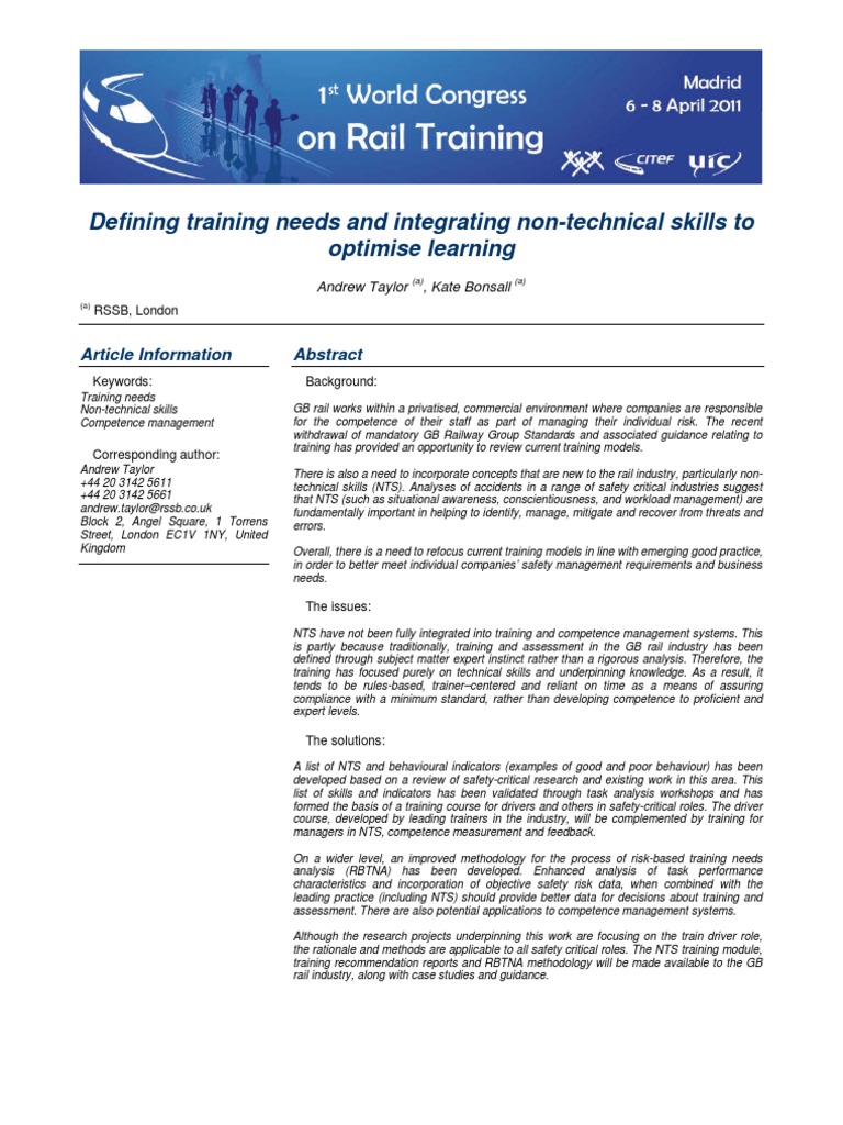 Rail Training Conference - Defining Training Needs and Integrating Non ...