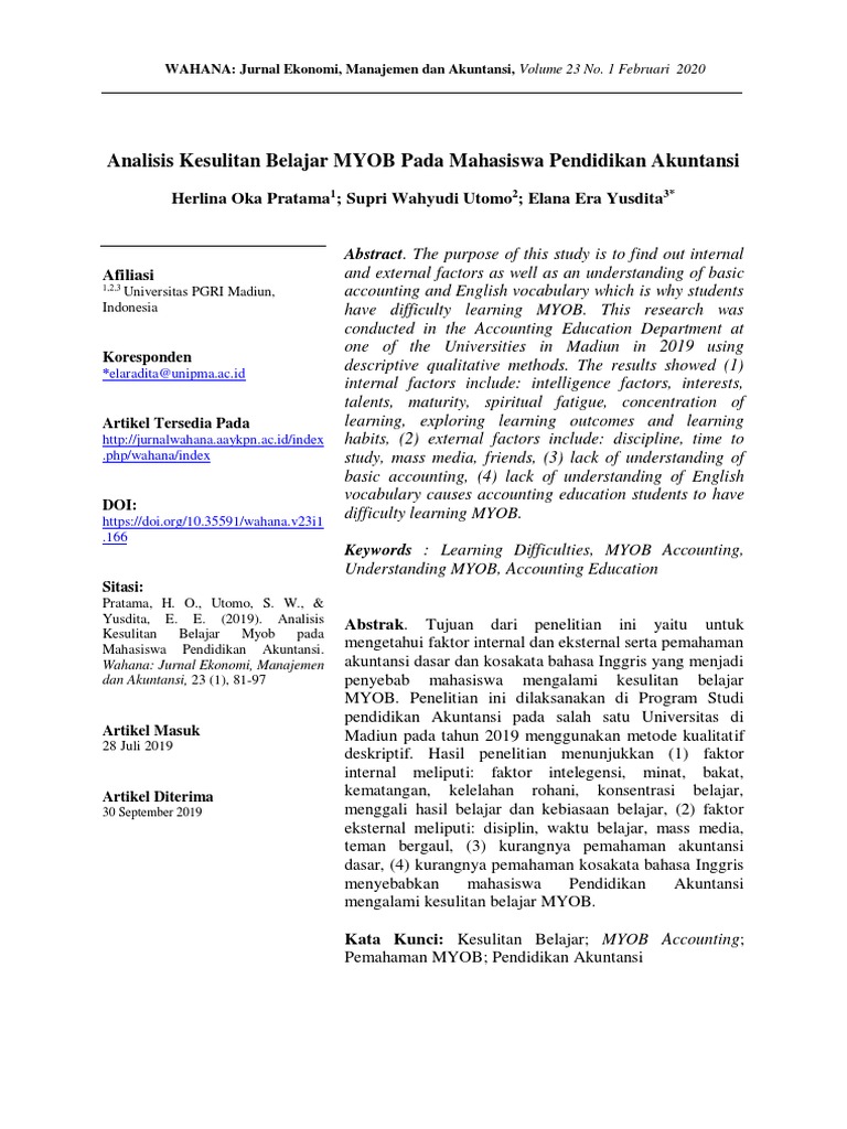 Analisis Kesulitan Belajar MYOB Pada Mahasiswa Pen | PDF