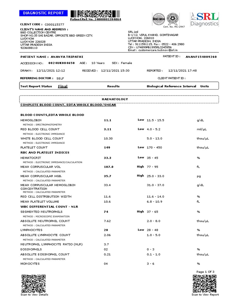 Diagnostic Report: Final | PDF | Hematology | Body Fluids