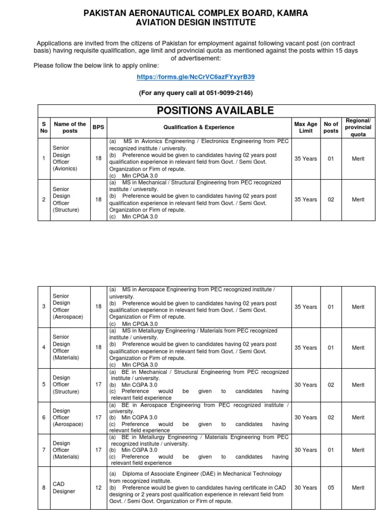 PAKISTAN AERONAUTICAL COMPLEX BOARD, KAMRA AVIATION DESIGN INSTITUTE ...