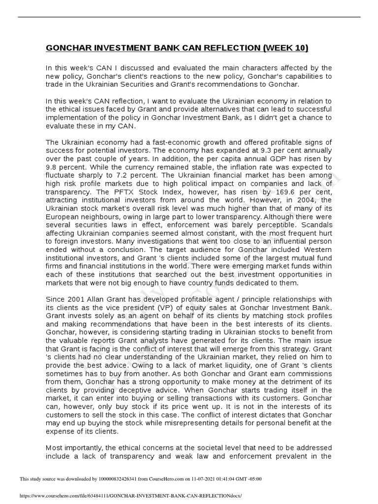 This Study Resource Was: Gonchar Investment Bank Can Reflection (Week ...