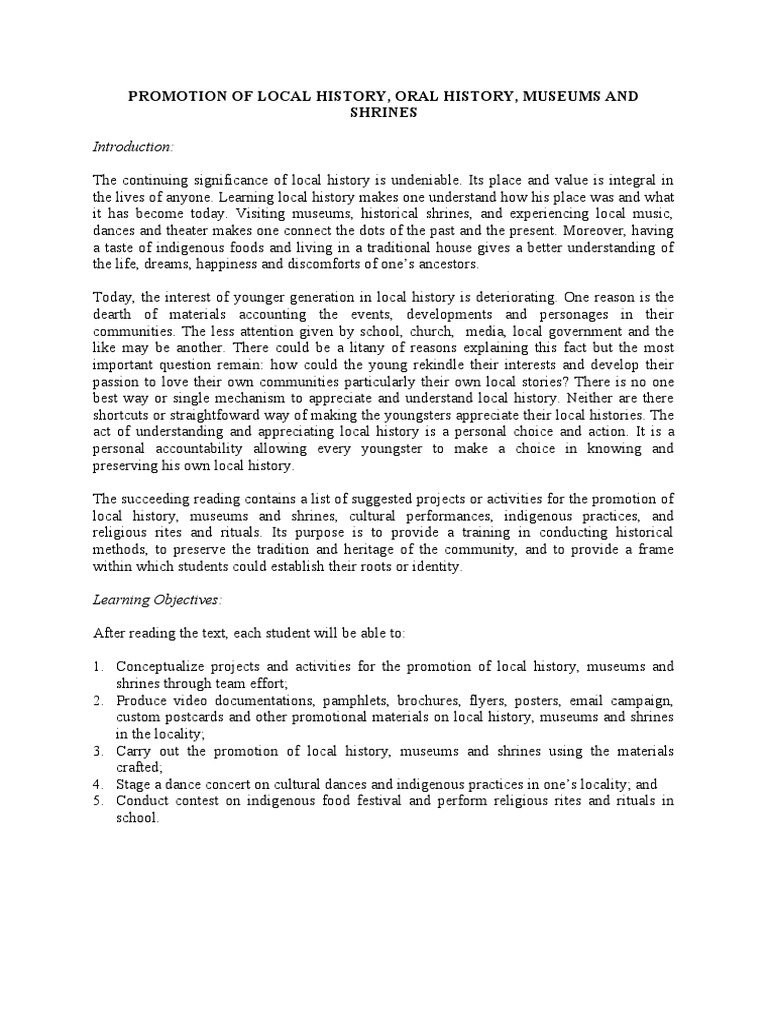 Promotion of Local History, Oral History, Museums and Shrines | PDF ...