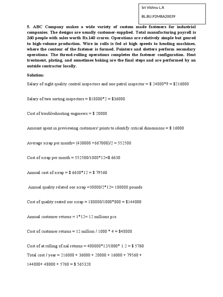 ABC Company Fastener Manufacturing Process | PDF