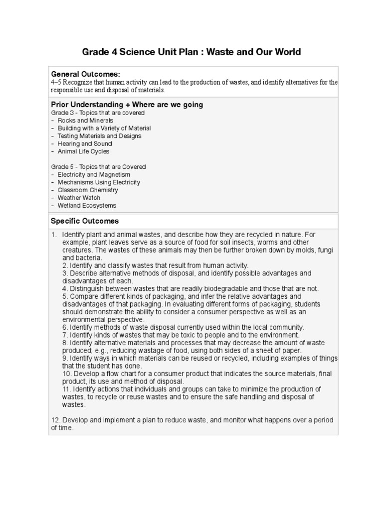Grade4 Science Waste in Our World Unit Plan 3 | PDF | Waste Management ...