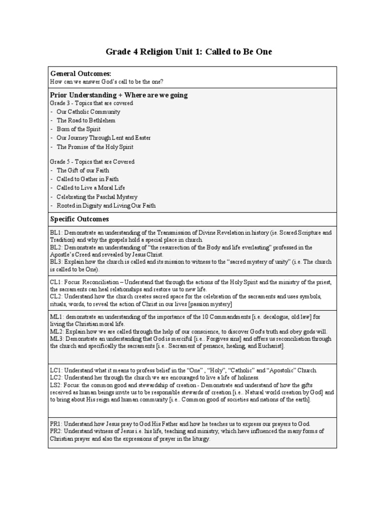 Grade4 Religion Unit 1 Plan | PDF