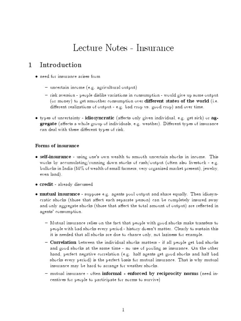 Lecture Notes - Insurance | PDF | Insurance | Moral Hazard
