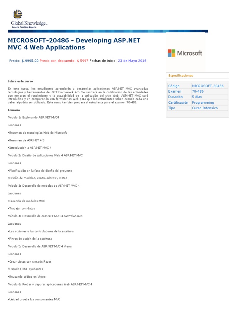 Temario Microsoft 20486 | PDF | Modelo – Vista – Controlador | .NET Framework