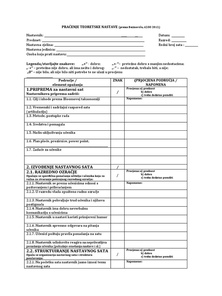 OBRAZAC Opservacija KO Za Praćenje Nastave | PDF