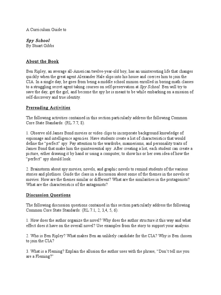 Spy School Curriculum Guide | PDF | Espionage | Plot (Narrative)