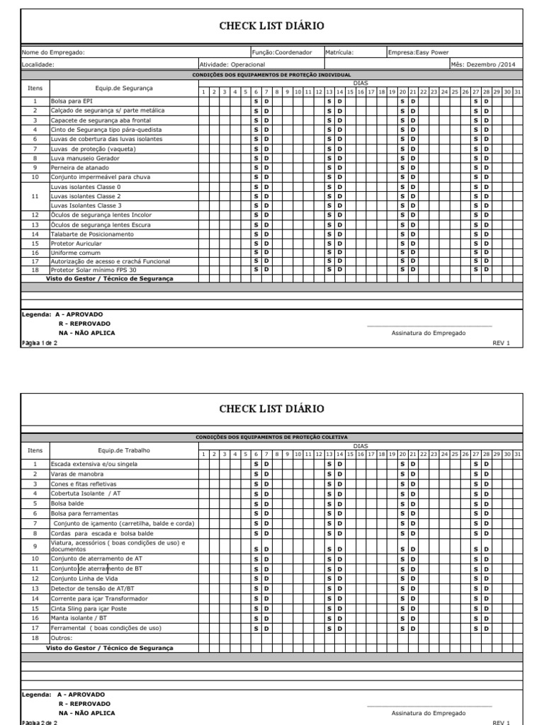 Check List Diário de Equipamentos Epi e Epc | PDF