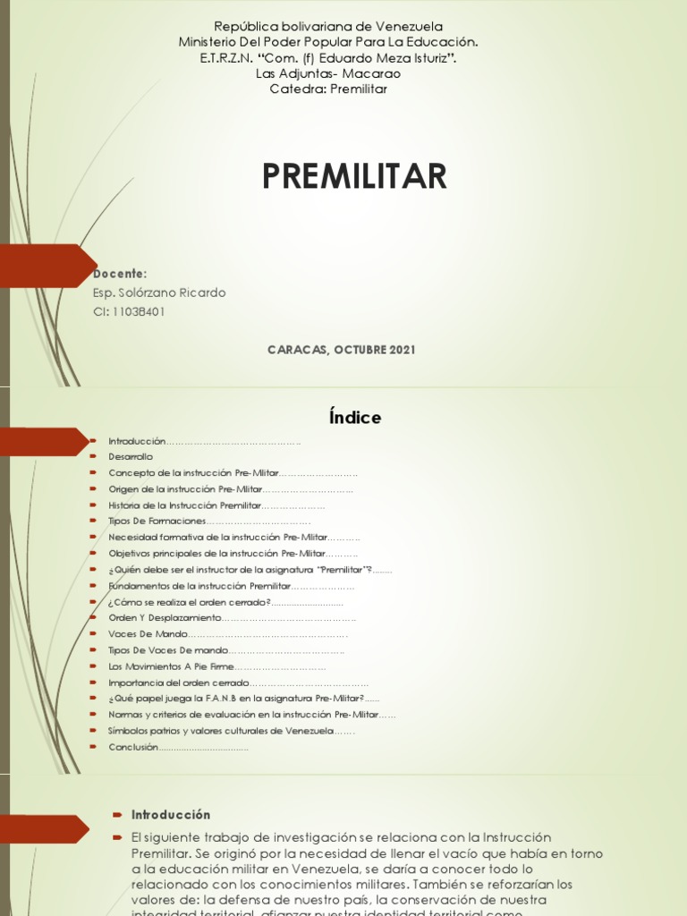 Diapositiva de Premilitar | PDF | Venezuela | Servicio militar