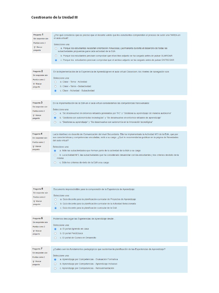 Cuestionario de La Unidad III. y II Docx PERU EDUCA GESTION DEL AULA ...