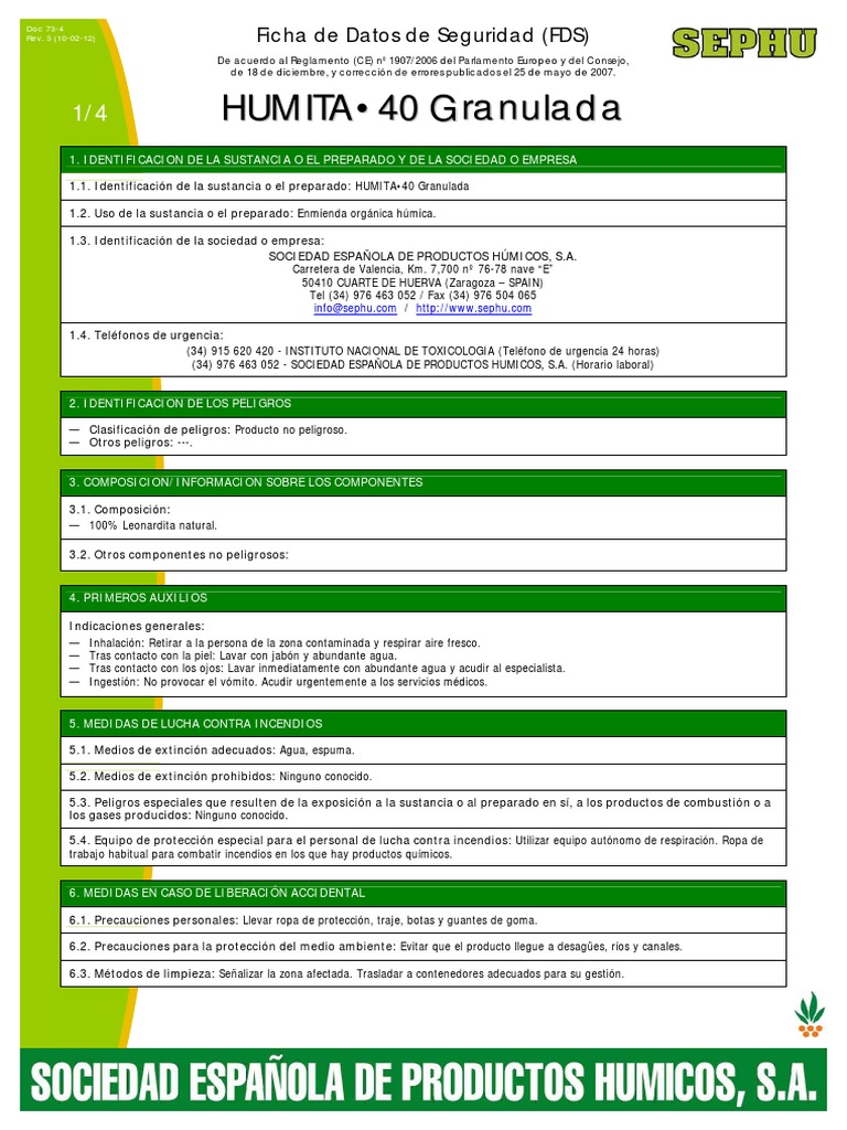 0205-HUMITA-40-Granulada-FDS | PDF | Agua | Fertilizante
