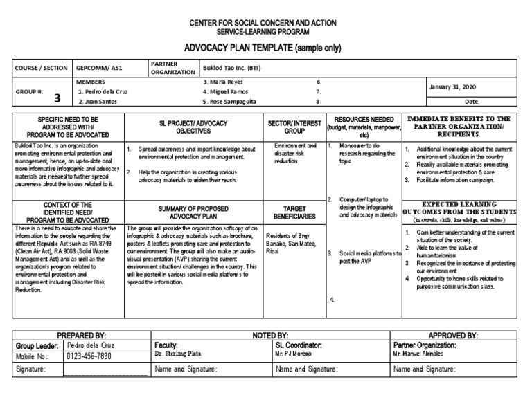 ADVOCACY PLAN TEMPLATE (Sample Only) : Service-Learning Program | PDF ...