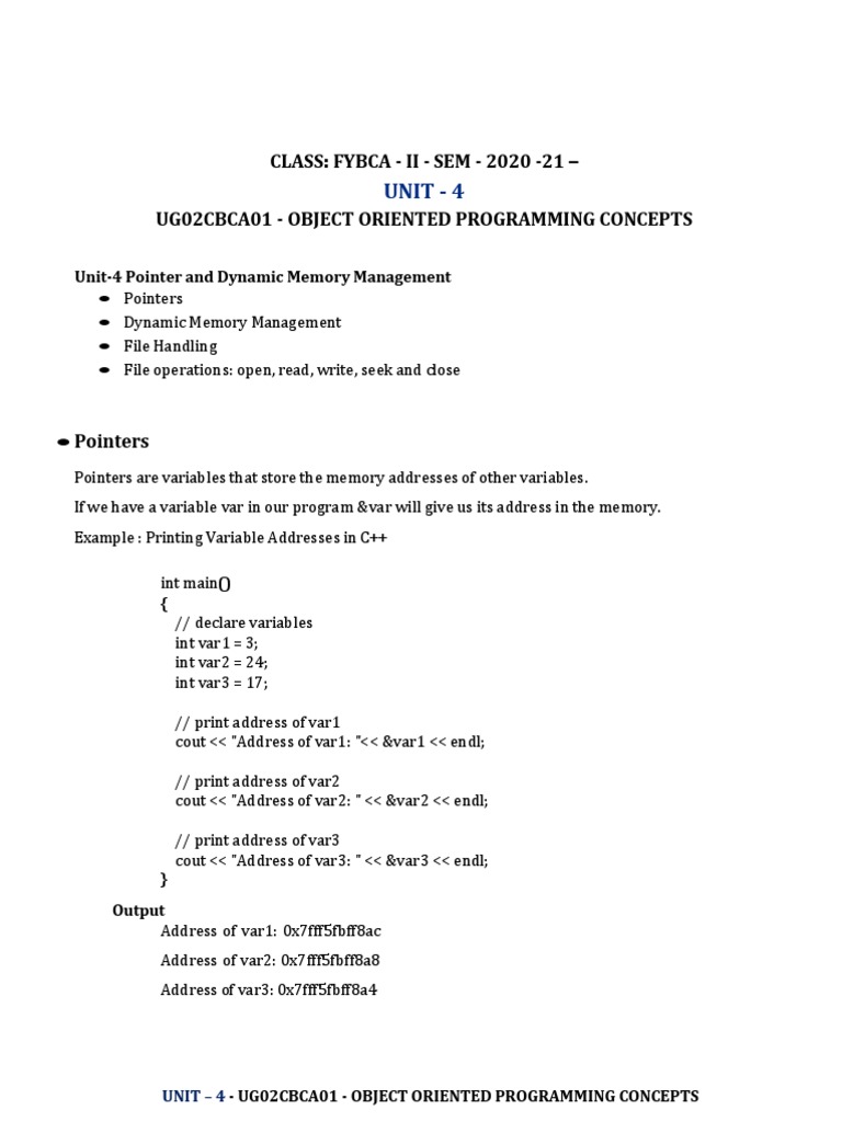 Unit - 4: CLASS: FYBCA - II - SEM - 2020 - 21 - Ug02Cbca01 - Object Oriented Programming ...