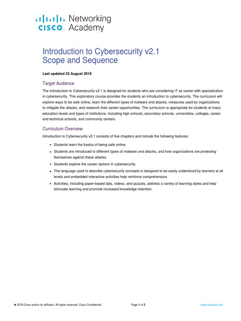 Introduction To Cybersecurity v2.1 - Scope and Sequence | PDF ...