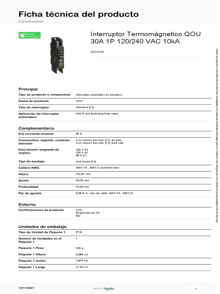 QOU Unit Mount Circuit Breakers - QOU130 | PDF | Elementos metálicos ...