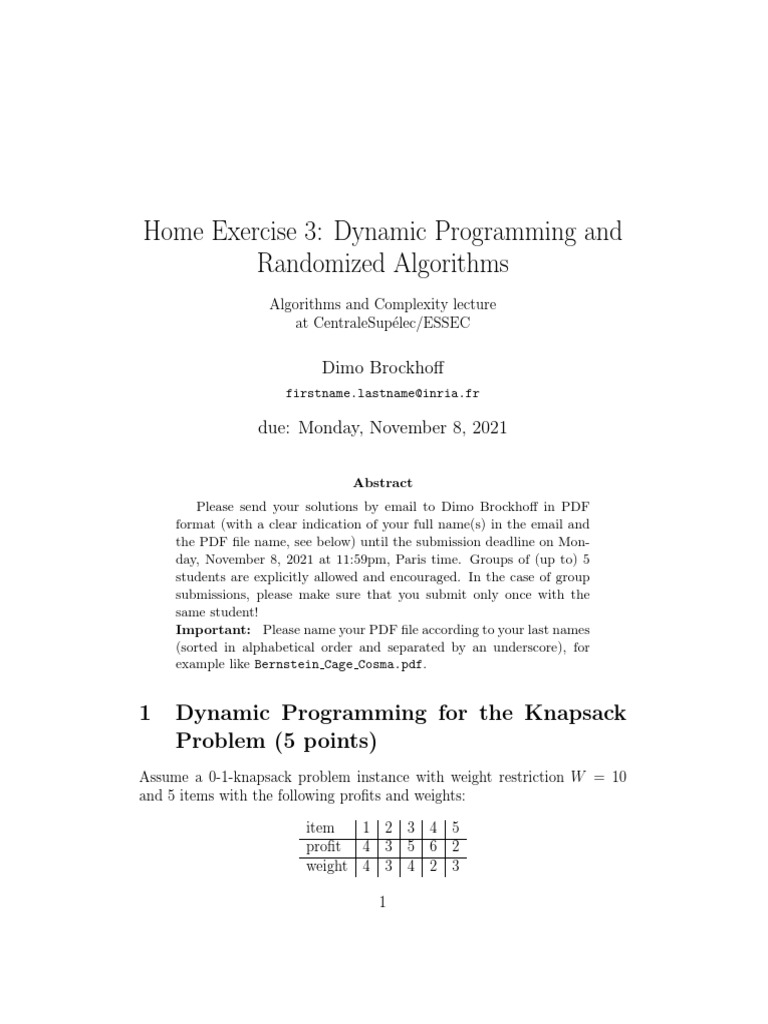 Home Exercise 3: Dynamic Programming and Randomized Algorithms | PDF | Dynamic Programming ...