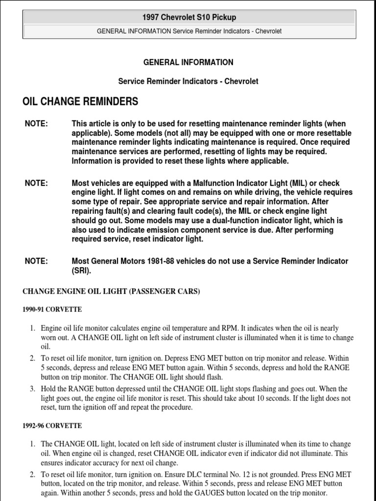 Maintenance Reminder Lights Chevrolet S10 | PDF | Throttle | Industries
