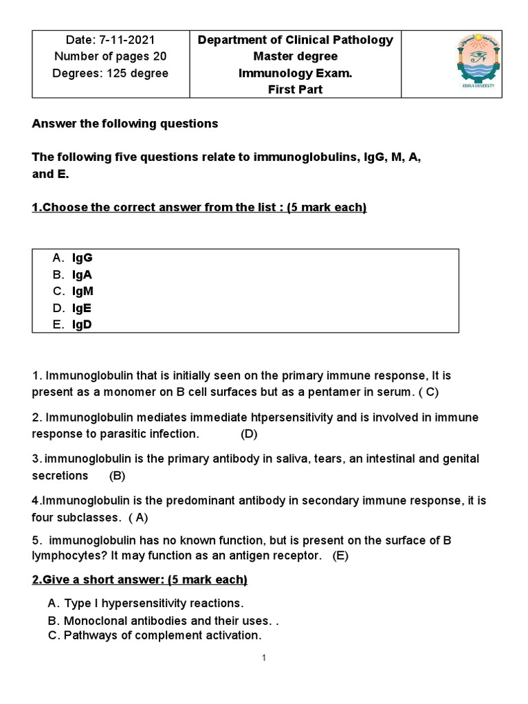 Immunology Exam Questions | PDF | Antibody | Immune System