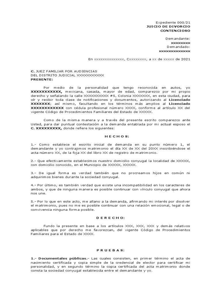 Modelo De Contestación De Divorcio Allanar Pdf Divorcio Demanda