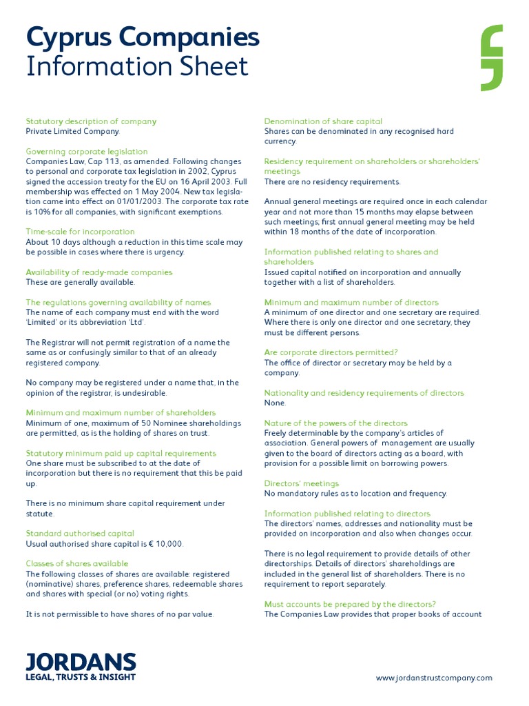Information Sheet: Cyprus Companies | PDF | Corporate Tax | Dividend