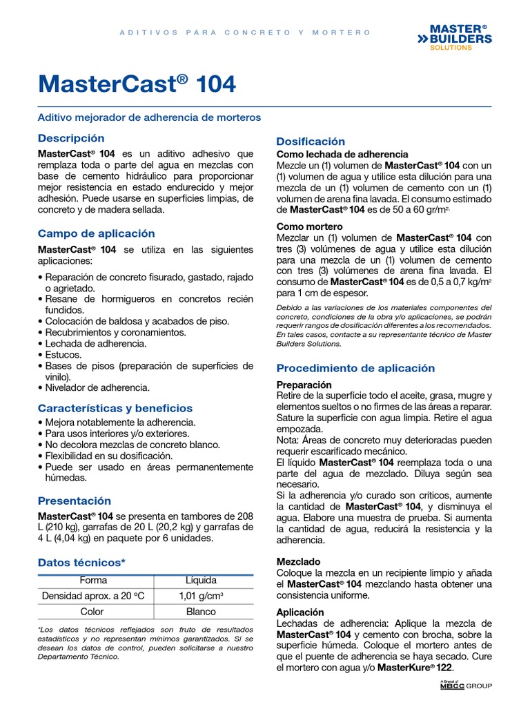 Mastercast 104 Ficha Técnica | PDF | Hormigón | Agua
