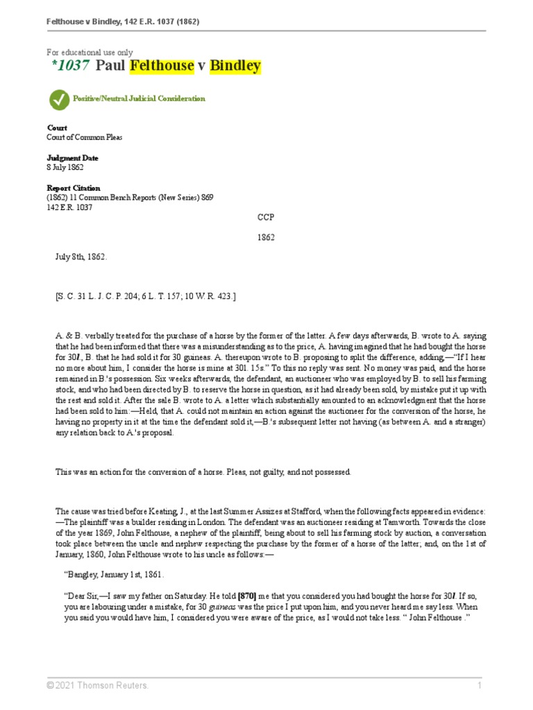 Felthouse V Bindley | PDF | Private Law | Justice