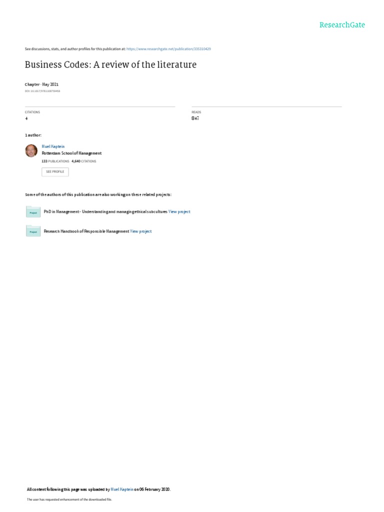 Business Codes: A Review of The Literature: Muel Kaptein | PDF ...