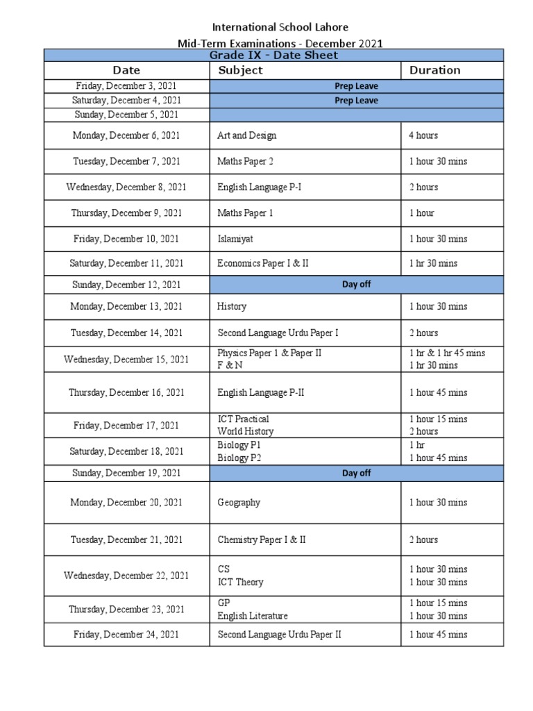 Grade 9 Datesheet | PDF