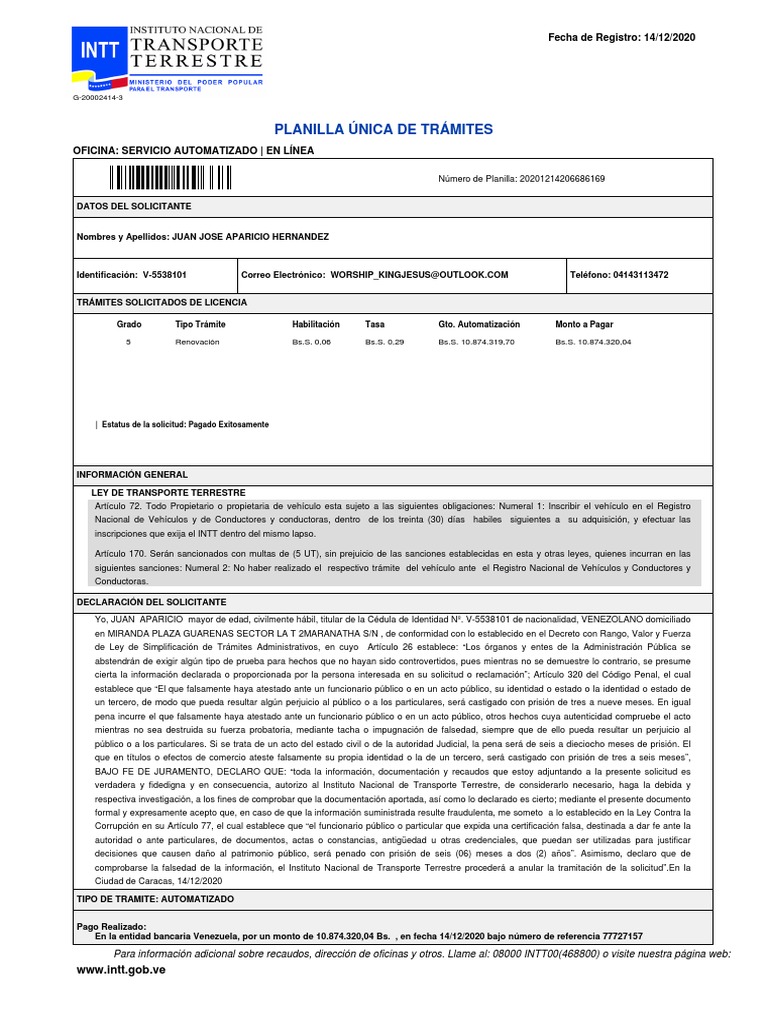 Planilla Unica de Tramites - Tramite INTTT | PDF | Estado (política ...