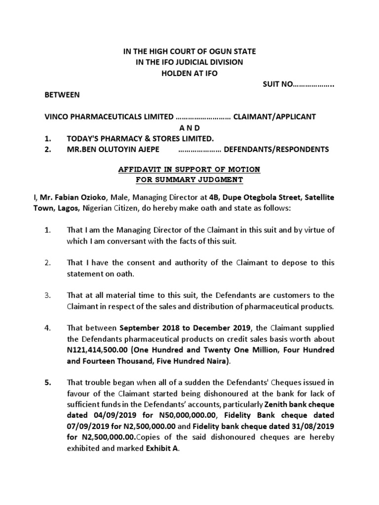 Affidavit in Support of Motion For Summary Judgment | PDF | Lawsuit ...