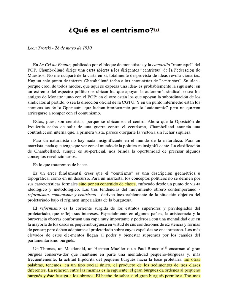 TROSKY, Leon. Qué Es El Centrismo 1930 | PDF | Comunismo | Centrismo