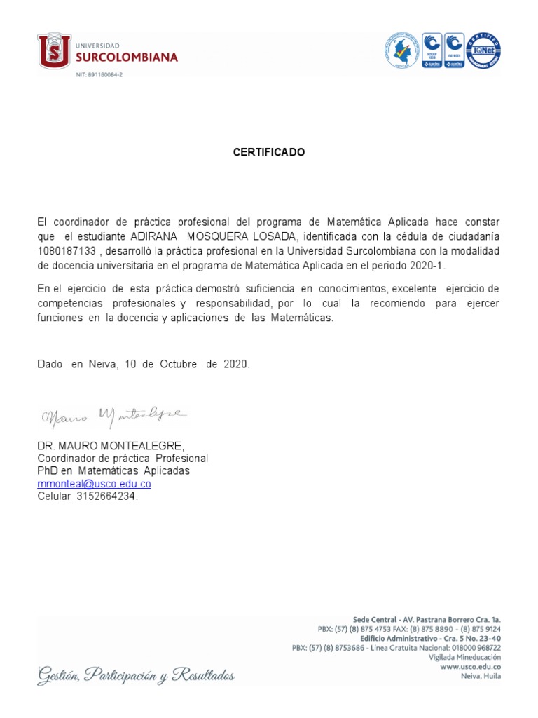Ejemplo Certificado Practica Profesional | PDF